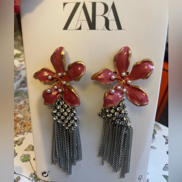 Zara | Jewelry | Zara Pink And Silver Floral Earrings With Tassel ...